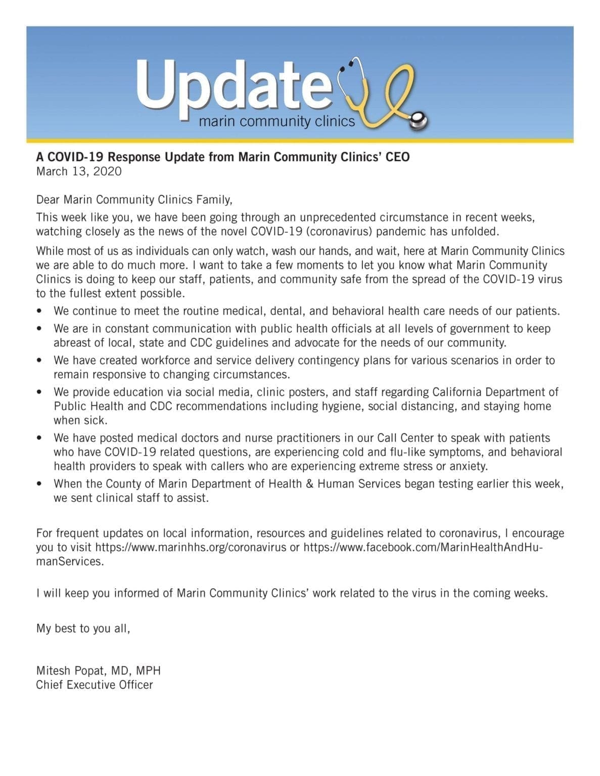 Updates from Marin Community Clinics CEO - Marin Community Clinic